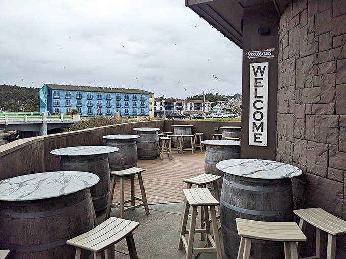 The outdoor seating area offers barrel tables and ocean breezes&mdash;nature's perfect palate cleanser between sips of local craft beer. 