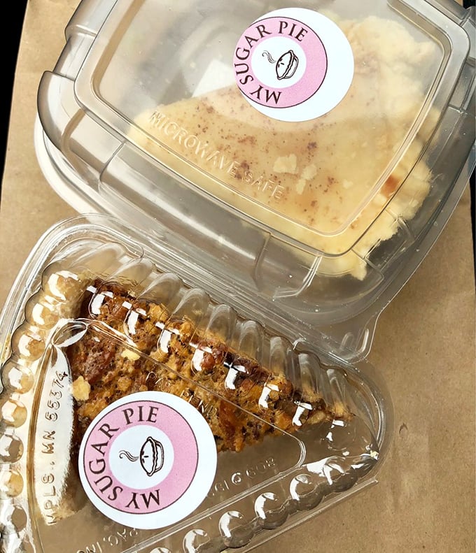 Two slices, infinite happiness. The clear containers might look utilitarian, but they're actually portable joy delivery systems.