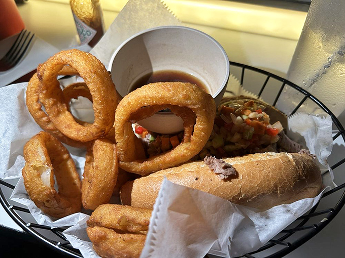 This Prime Rib Sandwich deserves top billing&mdash;tender meat nestled in a fresh roll with those scene-stealing onion rings playing a delicious supporting role.