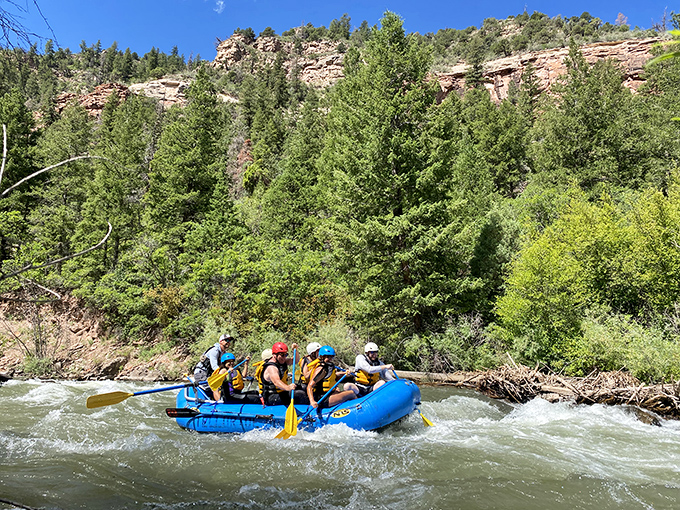White water, blue rafts, green pines&mdash;Colorado's natural color palette in motion. Rafting near Telluride delivers adrenaline rushes and spontaneous face washing.