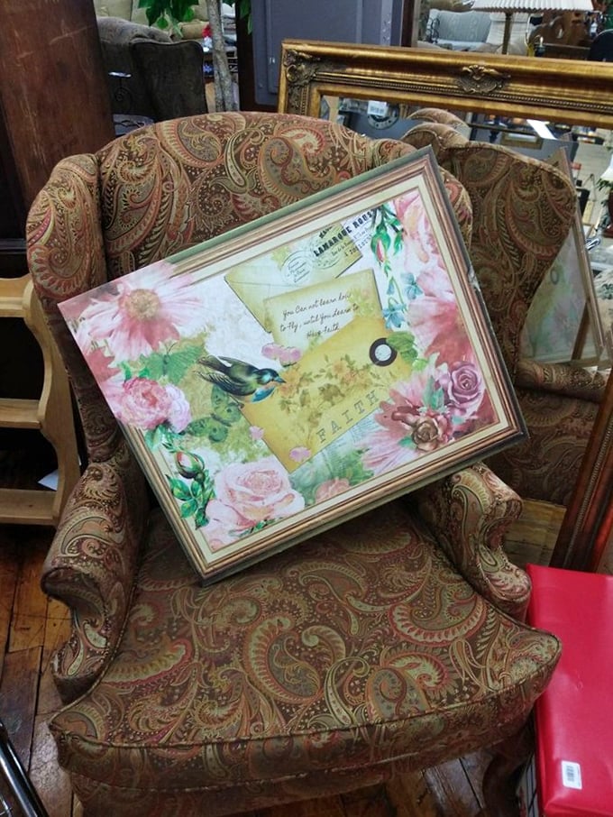 Vintage vibes in every corner. This paisley armchair cradles a framed piece of art—two treasures waiting to tell new stories in your home.