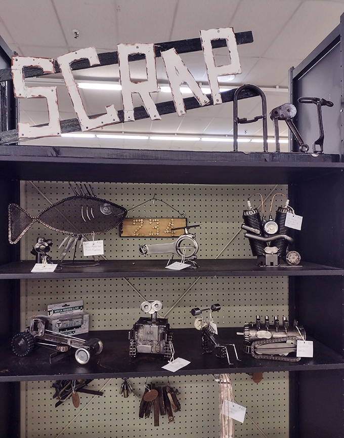 Organized chaos at its finest! This booth looks like what would happen if your grandfather's workshop married your eccentric aunt's craft room.