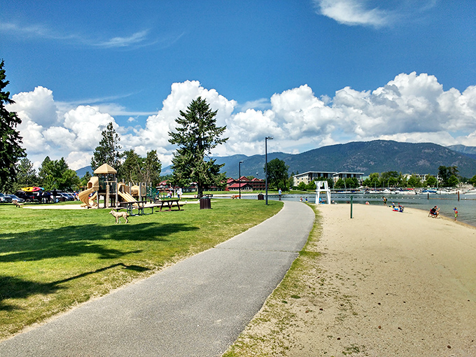 City Beach Park delivers exactly what the doctor ordered: sunshine, shoreline, and mountains that seem close enough to touch.