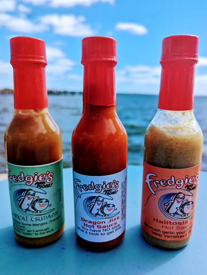 Hot sauce trifecta: "Tropical Tsunami," "Dragon Jizz," and "Halitosis." Names that warn you and dare you in equal measure.