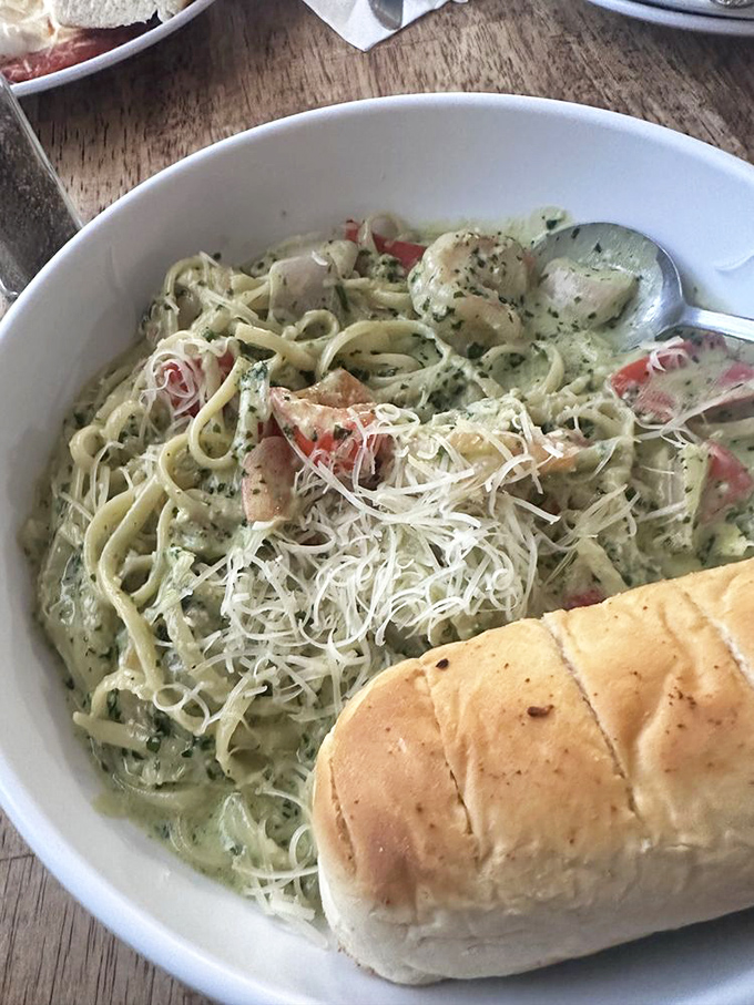 Shrimp scampering through pesto-coated linguine creates the kind of pasta dish that makes you momentarily forget how to speak.