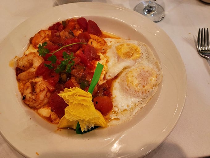 Breakfast crashes dinner in the most delicious way possible. Sunny eggs join shrimp and grits in a morning-meets-evening celebration of Southern comfort.