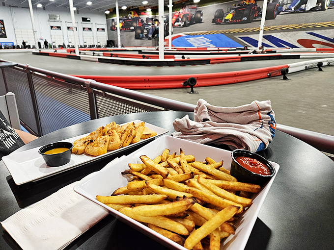 Refueling is serious business. Nothing complements the smell of rubber and victory quite like golden fries and dipping sauce. 