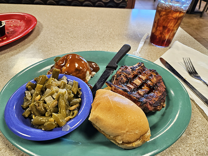 Green beans and gravy share plate space with a perfectly grilled steak. Midwestern comfort food that speaks directly to the soul. 