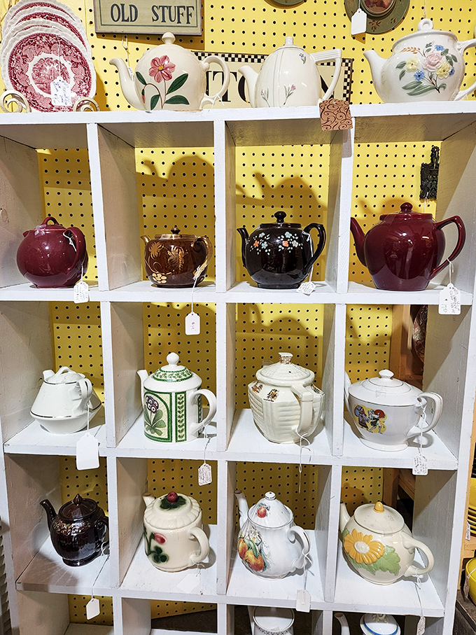 Teapot heaven for collectors&mdash;each ceramic vessel promising more civilized afternoons where problems are solved one cup at a time.