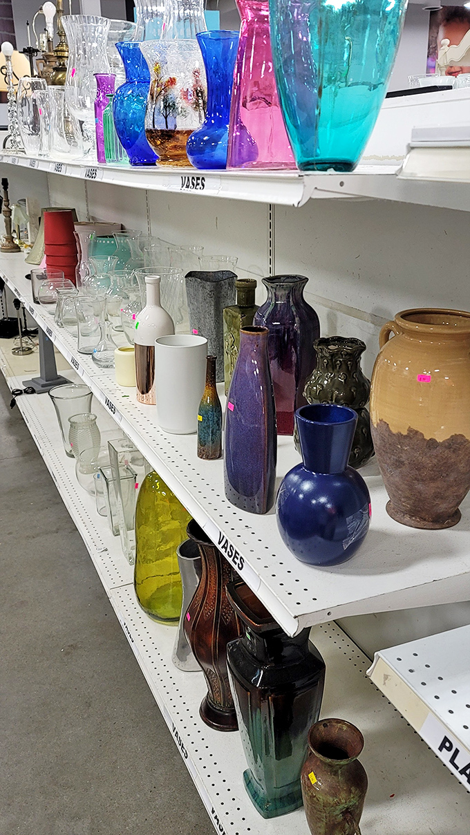 Vases in every color imaginable stand at attention, ready to hold everything from farmer's market flowers to that single rose from a first date.