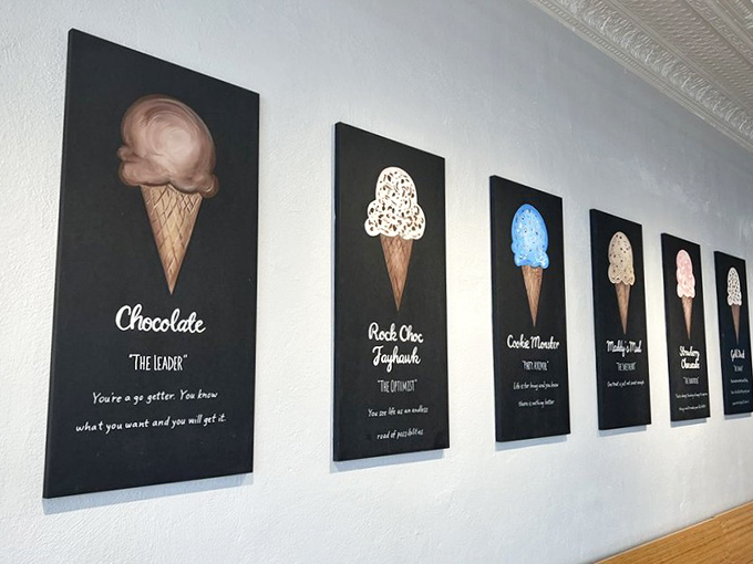 Ice cream personalities on display. The "Rock Choc Jayhawk" isn't just a flavor—it's a Lawrence institution with sprinkles on top.