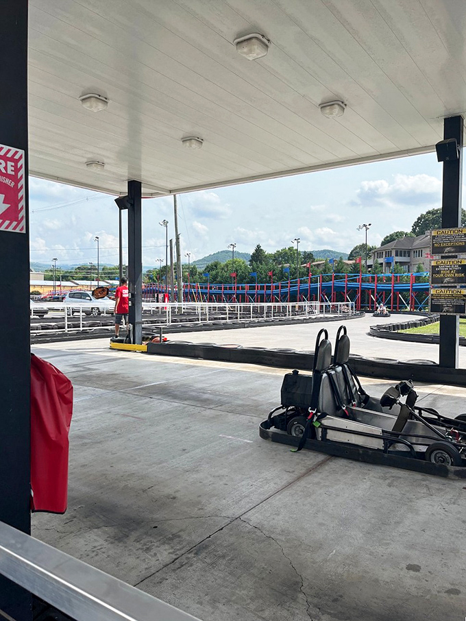 A view from the pit that promises adrenaline just steps away. The Smokies provide a majestic backdrop for your impending victory lap.