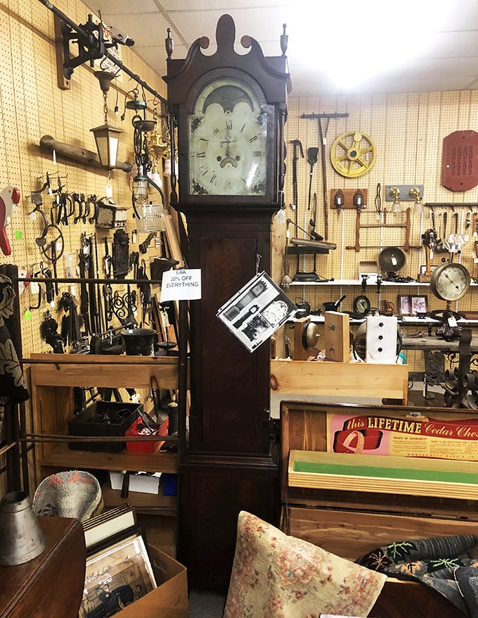 This grandfather clock has been keeping time since before your grandfather was born. Surrounded by tools that built America, it stands as their timekeeper.