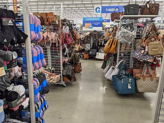 Handbag heaven! Designer purses and practical totes coexist peacefully in this accessibly-priced leather ecosystem.