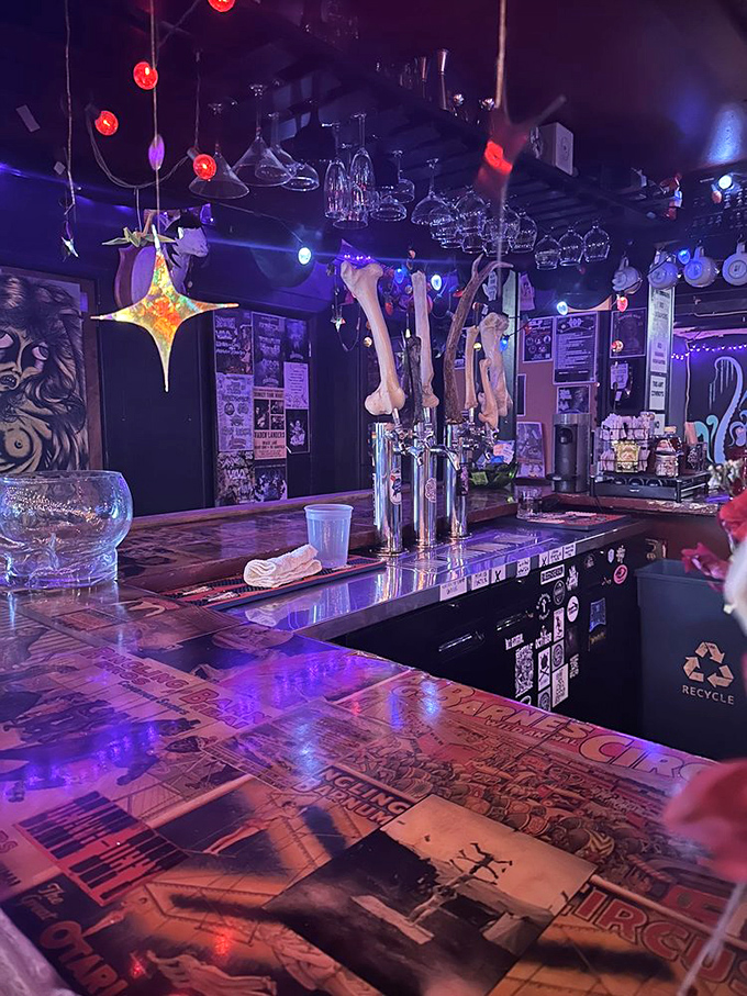 The bar appears constructed from decades of memories, stickers, and the collective imagination of patrons who stayed too late.