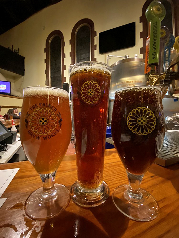 The sacred trinity of brews: light, amber, and dark. Each glass contains liquid prayers crafted right where the altar once stood. 
