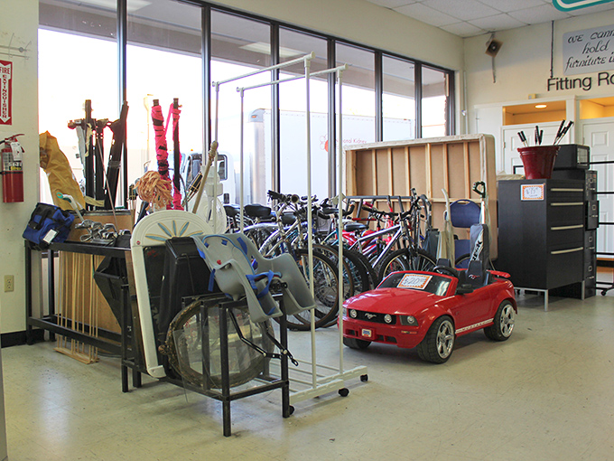 From kid-sized Mustangs to adult bicycles waiting for their next adventure, the transportation section proves one person's outgrown wheels become another's new journey.