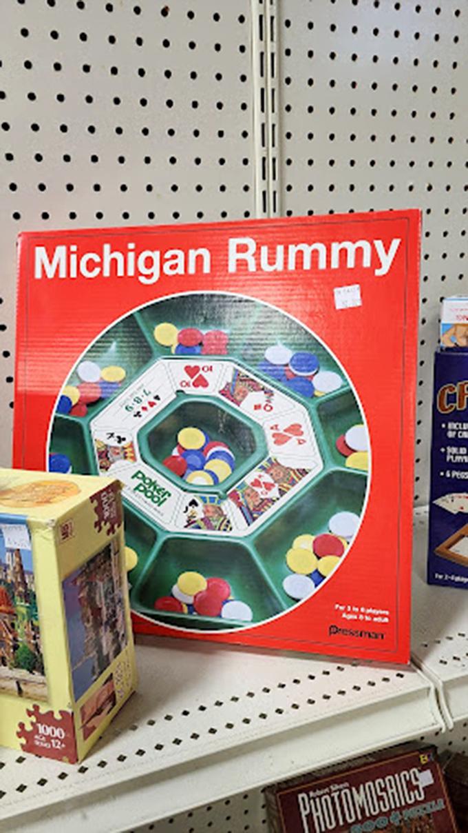 Michigan Rummy: When family game night meets vintage charm. This box has probably witnessed more competitive spirits than a high school rivalry basketball game.