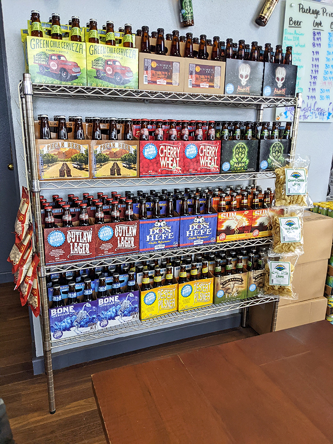 Liquid souvenirs to go! The colorful packaging of Sierra Blanca's bottled offerings makes choosing just one variety nearly impossible.