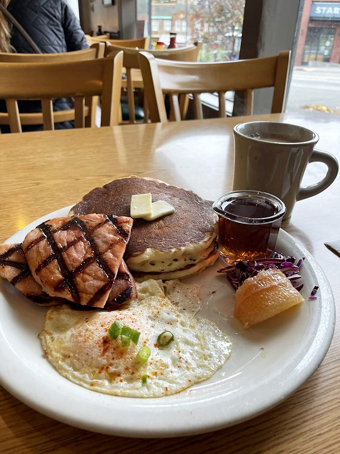 The breakfast trinity: pancakes, eggs, and ham. Add coffee and you've got the four horsemen of "why we got out of bed this morning."