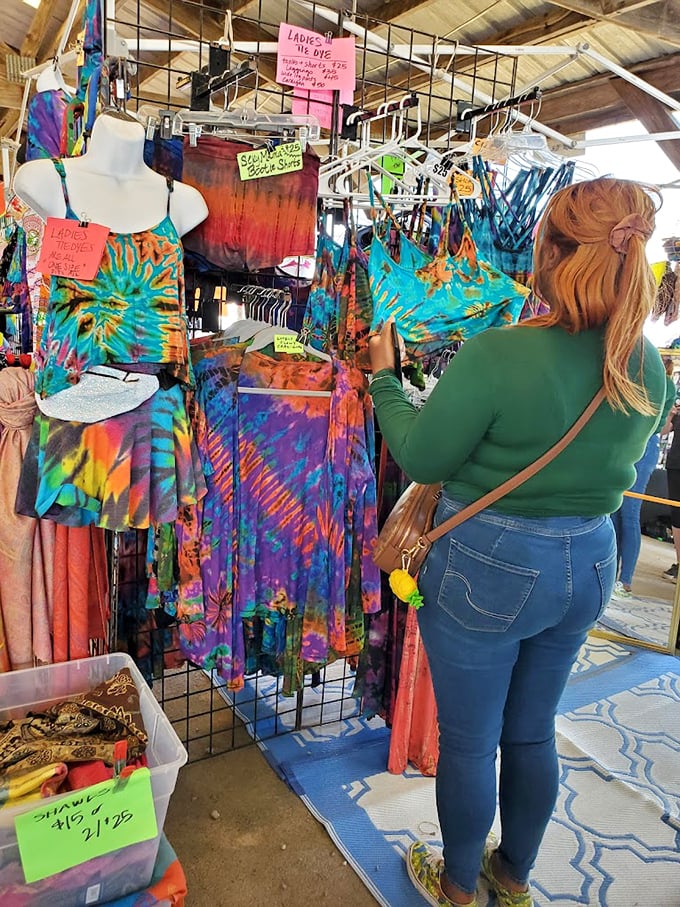 Tie-dye displays that prove the '60s never really ended—they just moved to Pennsylvania and opened a booth at Renninger's.
