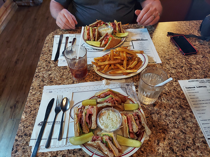 Club sandwiches built like they're expecting a crowd, with fries that achieved the perfect golden-brown graduation. This is lunch with purpose.