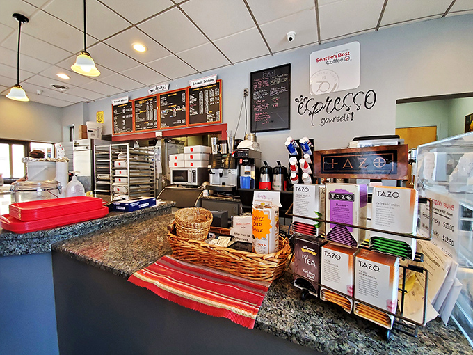 Coffee, tea, and the promise of pastry&mdash;a counter designed for maximum temptation. The granite surface has witnessed countless moments of decision-making weakness.