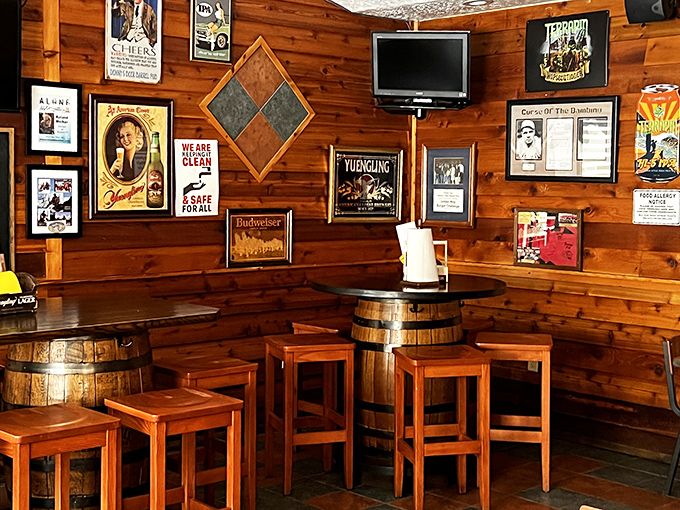 Vintage beer signs and sports memorabilia create the perfect backdrop for stories that begin with "You won't believe what I tried to eat."