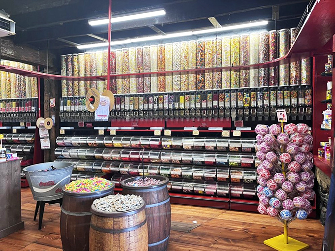 The wall-to-wall candy dispensers create a rainbow of possibilities. It's like the Library of Congress, but every book is delicious and causes cavities.