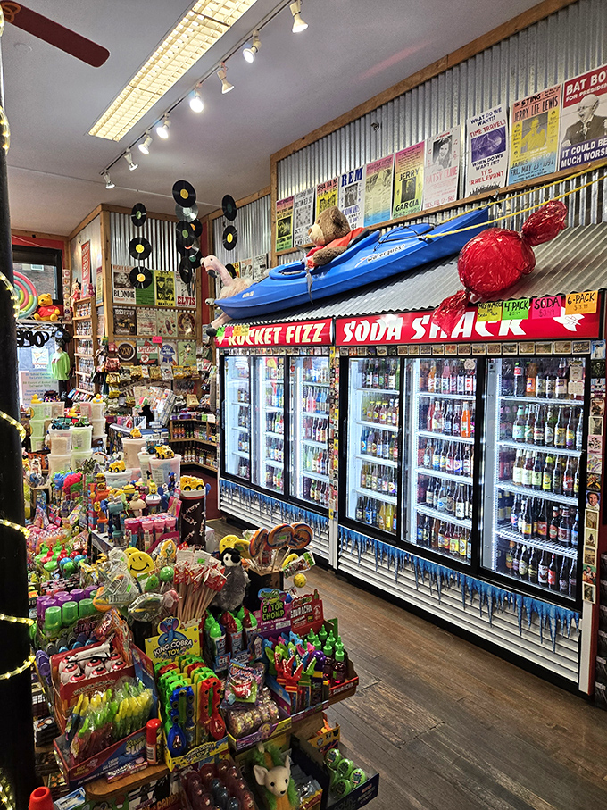 The Soda Shack wall&mdash;a fizzy United Nations where beverages from around the world gather in carbonated harmony.
