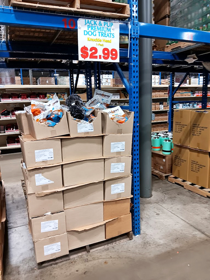 Even Fido gets the discount treatment. Premium dog treats stacked higher than a Great Dane can reach, proving Bailey's loves your four-legged friends too.