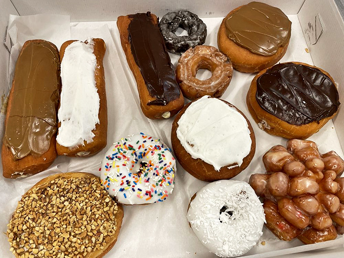 A box of donuts that makes you wonder why Homer Simpson didn't set "The Simpsons" in Indiana. Glazed, sprinkled, and utterly irresistible.