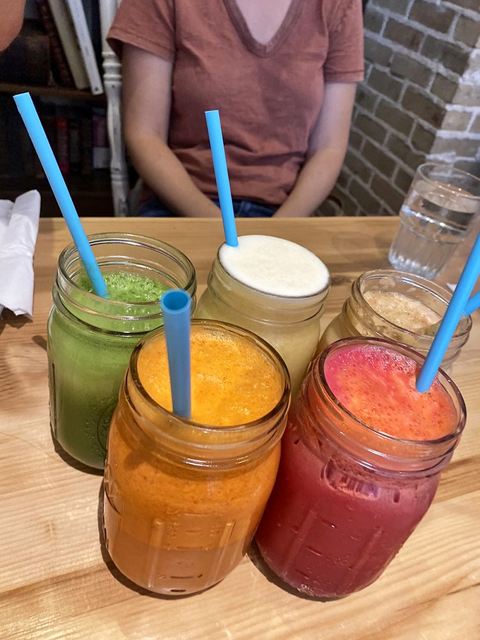 A rainbow of fresh juices that make vitamins and minerals feel like they're throwing a beach party in mason jars.