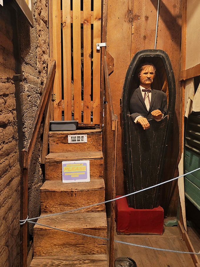Nothing says "welcome" like a mannequin in a coffin. This might be the only guy in Tombstone who survived the 1880s with his suit intact.