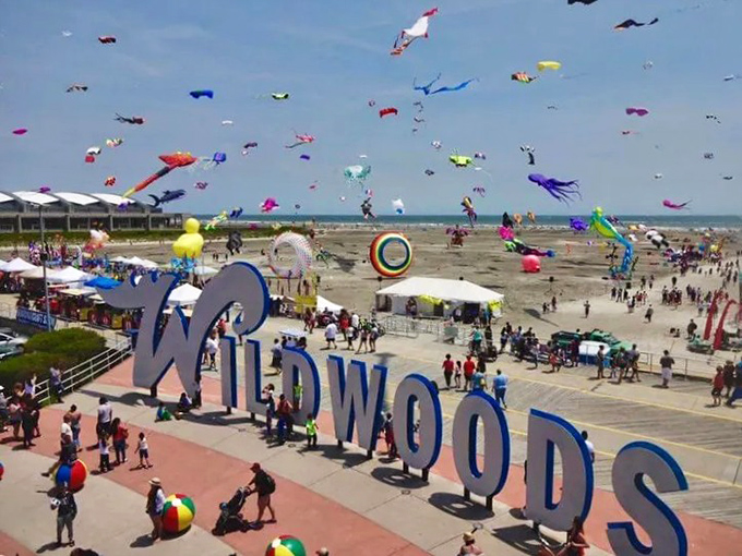 The Wildwoods festival transforms the beach into a kaleidoscope of kites dancing overhead like colorful spirits celebrating summer's arrival.