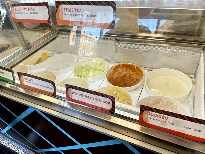 The display case of dreams. Each flavor label promises a different adventure, from Thai Tea to the intriguingly named "Ring My Bell."