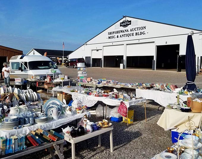 Treasure hunting elevated to an Olympic sport. The Shipshewana Auction's tables overflow with possibilities—one person's castoff is another's conversation piece.