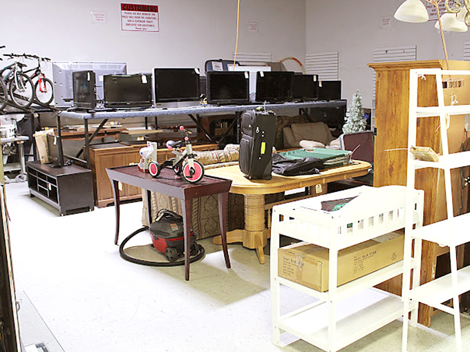 The furniture section transforms house-furnishing anxiety into affordable possibility. That solid wood desk probably witnessed the writing of someone's college thesis.