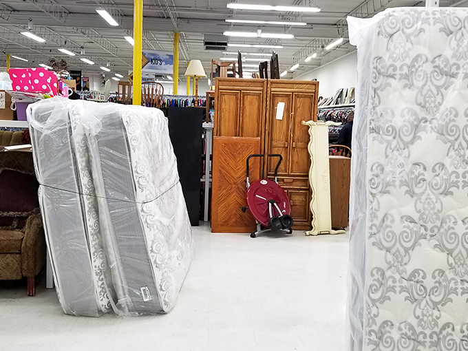 Mattresses and wooden wardrobes create a furniture maze where vintage treasures hide among practical everyday pieces.