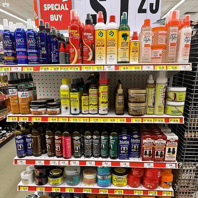 Hair care products that promise salon results at bathroom sink prices. This multicultural beauty selection speaks to Delaware's diverse community.
