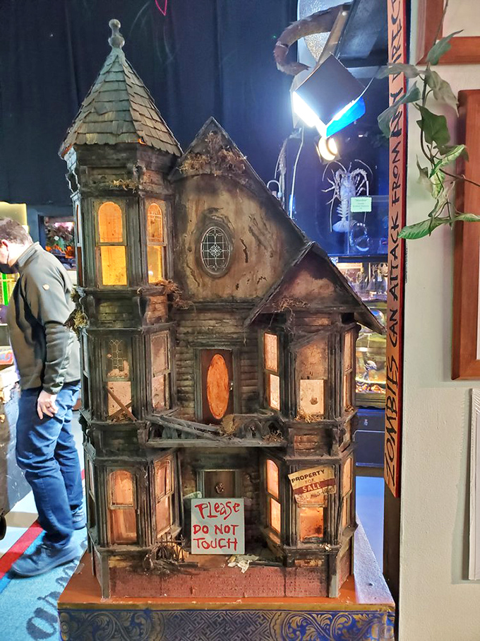 This cybernetic skull creation combines vintage technology with human remains – steampunk meets horror in one disturbing package.