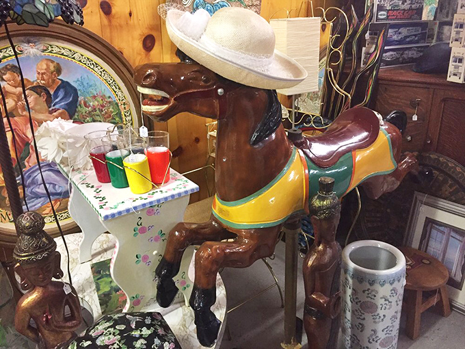This carousel horse wears its sombrero with pride. In the world of antiques, it's not the strangest outfit choice you'll encounter.
