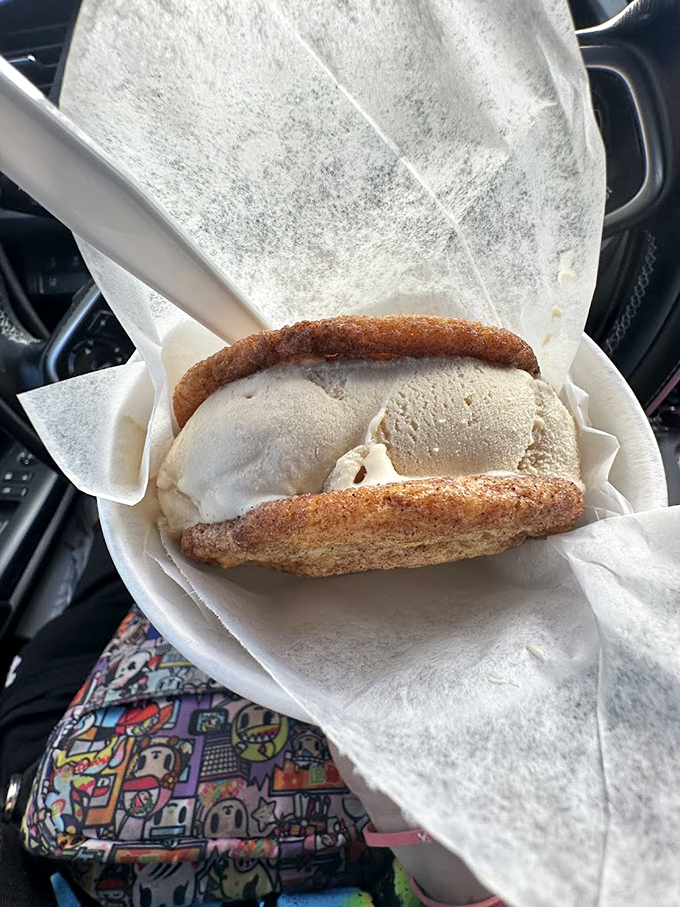 An ice cream sandwich enjoyed in the car &ndash; because some delights simply can't wait for you to get home. Dashboard dining at its finest. 