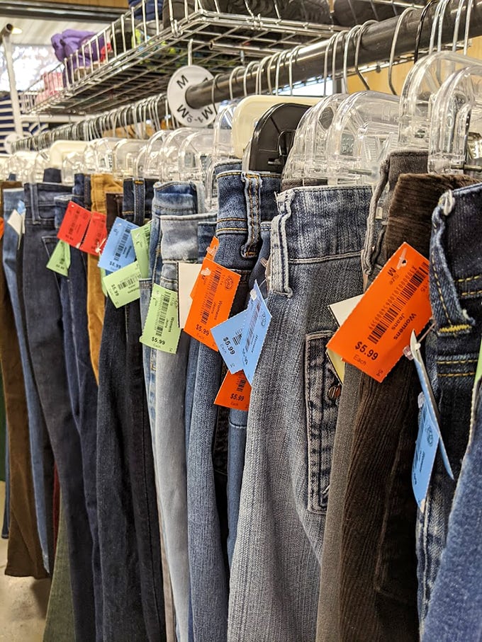 Denim heaven hangs in neat rows, where jeans of all sizes, styles, and eras hope to find their perfect match in an Iowa bargain hunter.