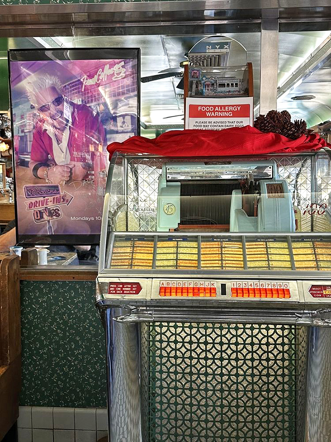 Every classic diner needs a jukebox. This one stands ready to provide the soundtrack to your meal&mdash;though the sizzle from the grill is music enough.