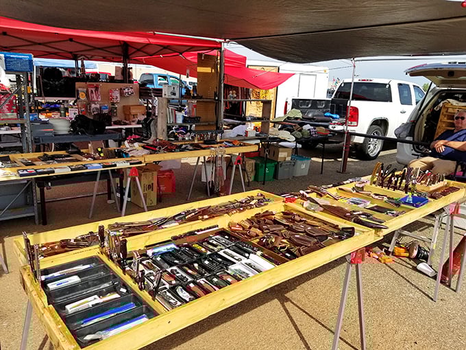 The knife seller's display&mdash;where blade enthusiasts gather and casual shoppers suddenly discover they need a tactical pocket knife for opening Amazon packages.