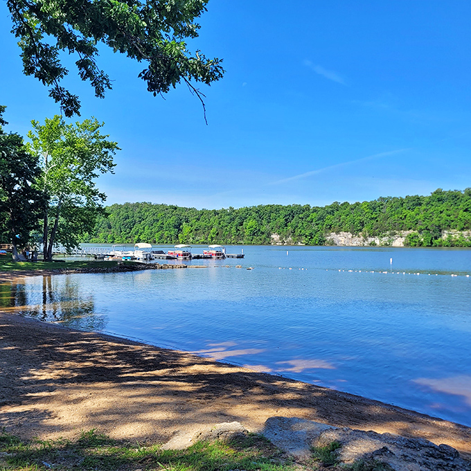 Liquid serenity stretches to the horizon, bordered by emerald forests that have witnessed generations of summer memories being made.
