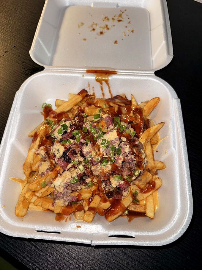 Dirty fries that would make a cardiologist wince and a food lover weep&mdash;crispy potatoes topped with meat, sauce, and green onions for good measure.