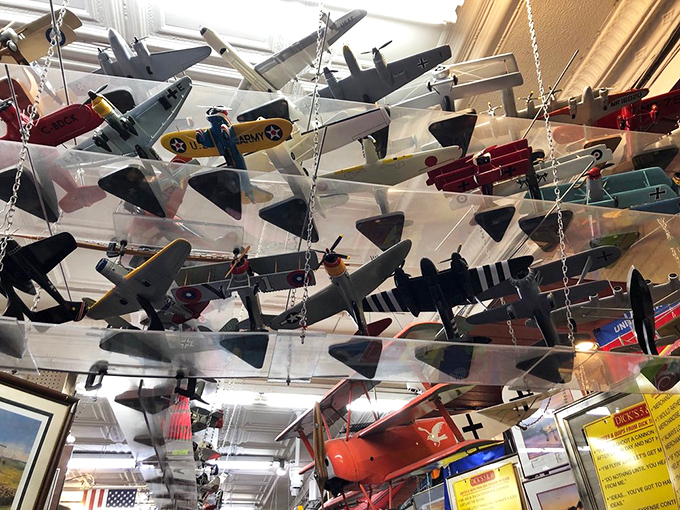 Look up! A squadron of model airplanes performs a perpetual air show from the ceiling. Aviation history hangs by threads in this corner of wonder. 