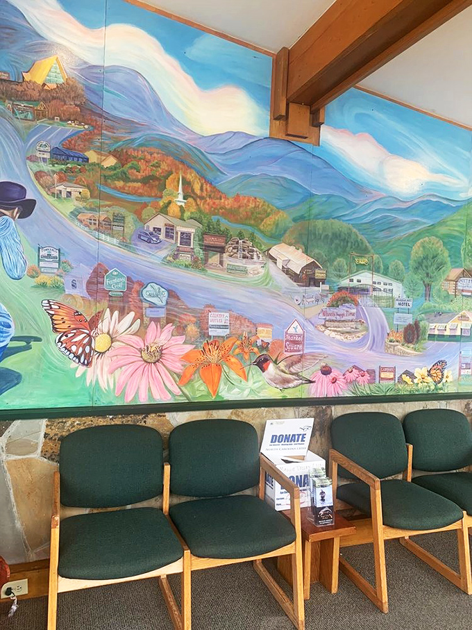 A vibrant mural celebrates Maggie Valley's charms. It's like your breakfast comes with a side of local pride and mountain artistry.